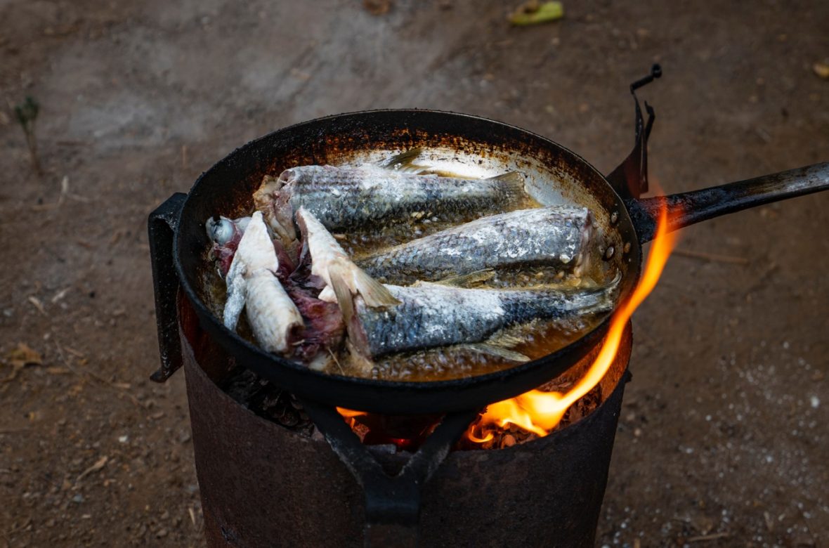 Cooking Fish at Camp - Caveman Style Cooking - Pan Cooking Perch, Trout ...